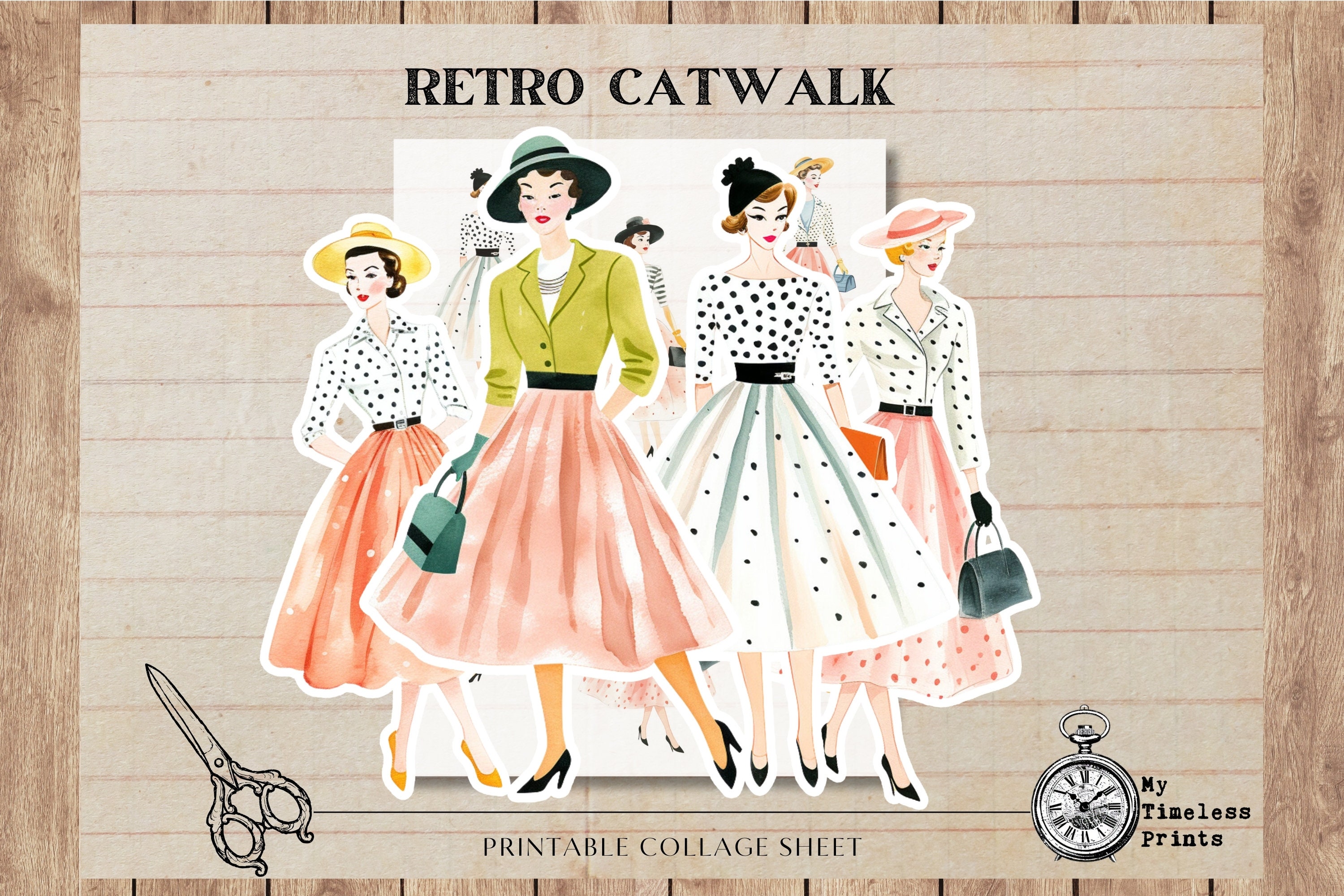 Retro Catwalk, Vintage Ladies 50's, Digital Collage Sheet Scrapbooking ...