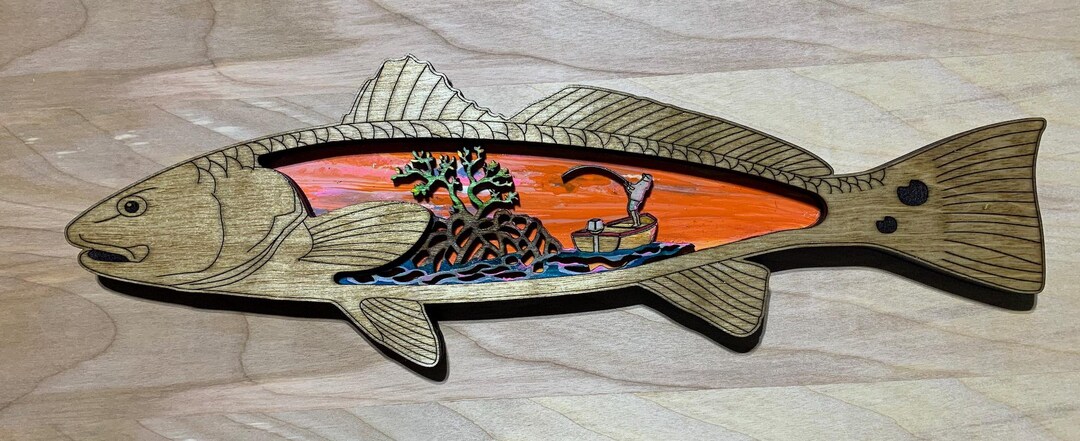 Laser Cut Redfish Wood Art: 3D Fishing Scene - Etsy