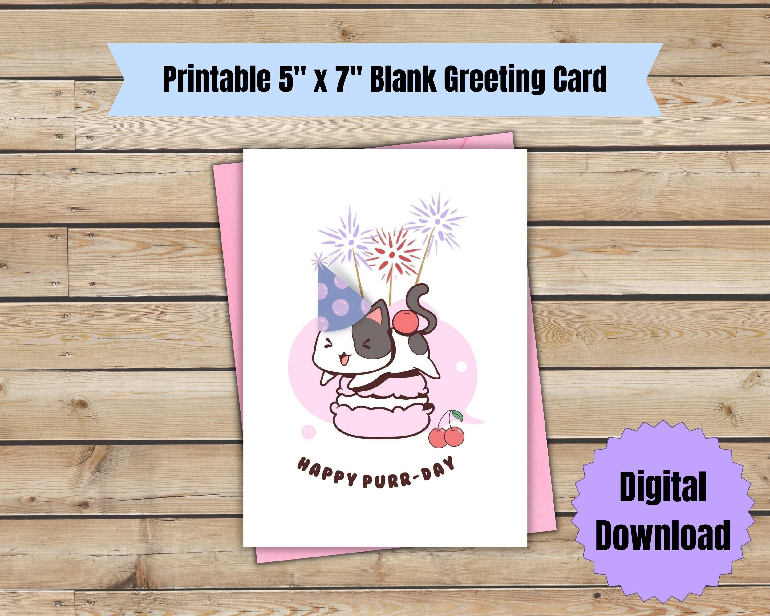 PRINTABLE Cat Birthday Card, Cute Cat With Cherries, Kawaii Cat, Happy ...