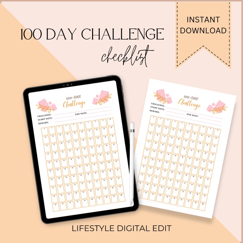 100 Day Challenge Checklist, INSTANT DOWNLOAD, Printable, A4, US Letter ...