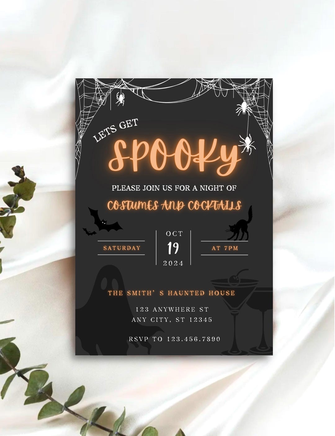 Digital Editable Let's Get Spooky Halloween Party Template, Black and ...