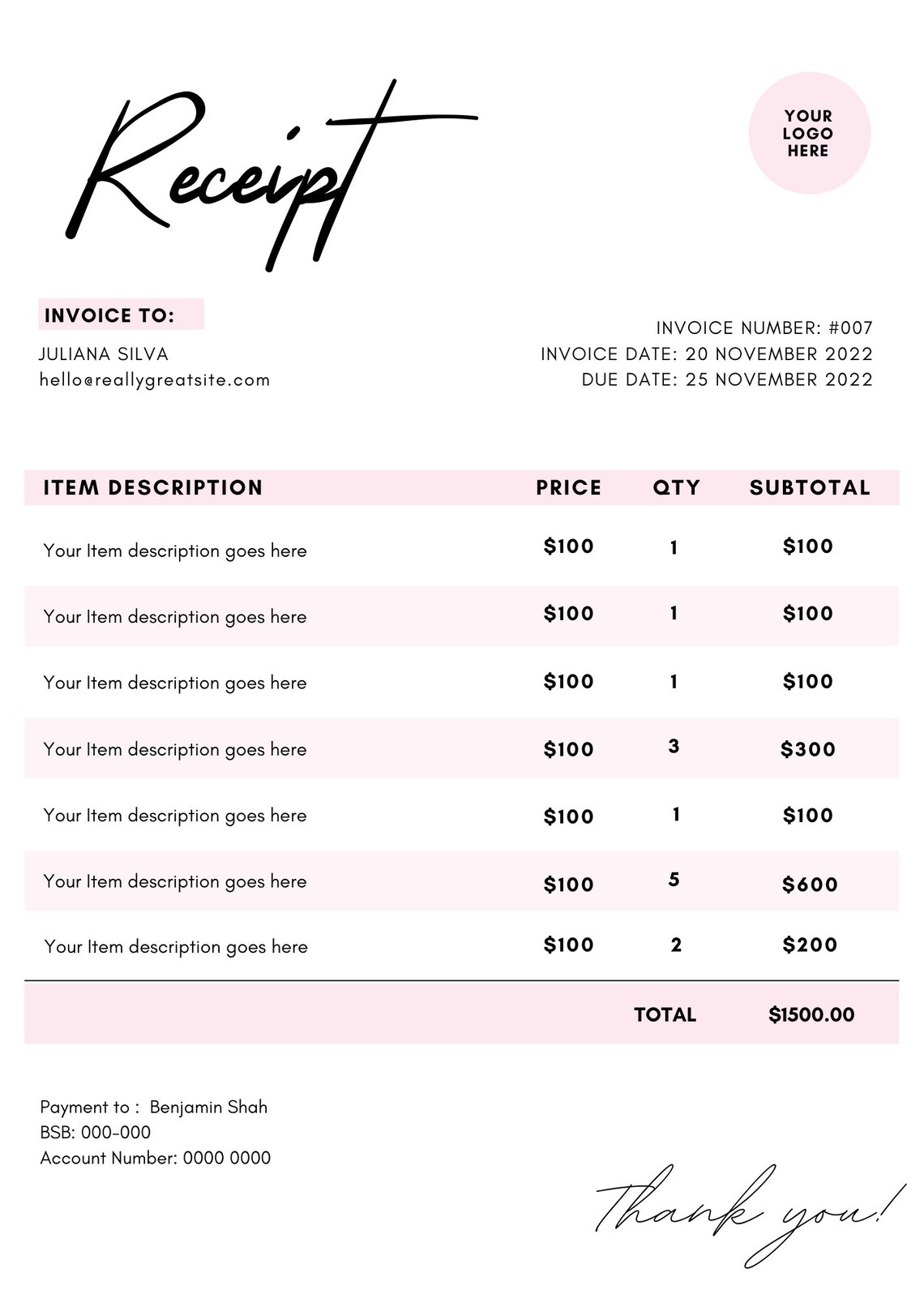 Editable Receipt Template, Printable Billing Template, Order Form ...