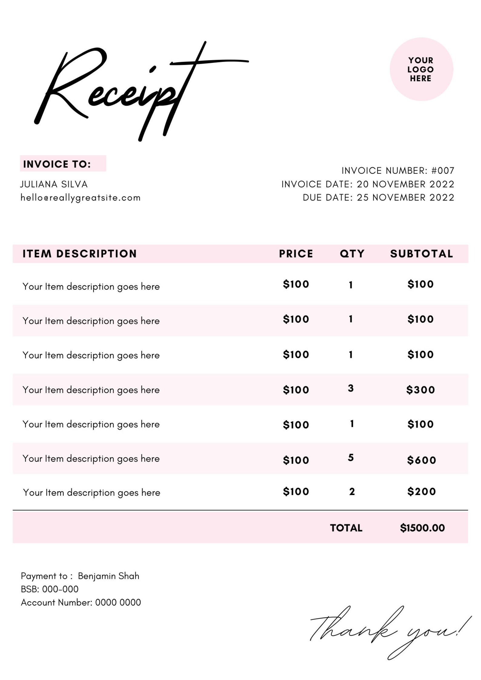 Editable Receipt Template, Printable Billing Template, Order Form ...