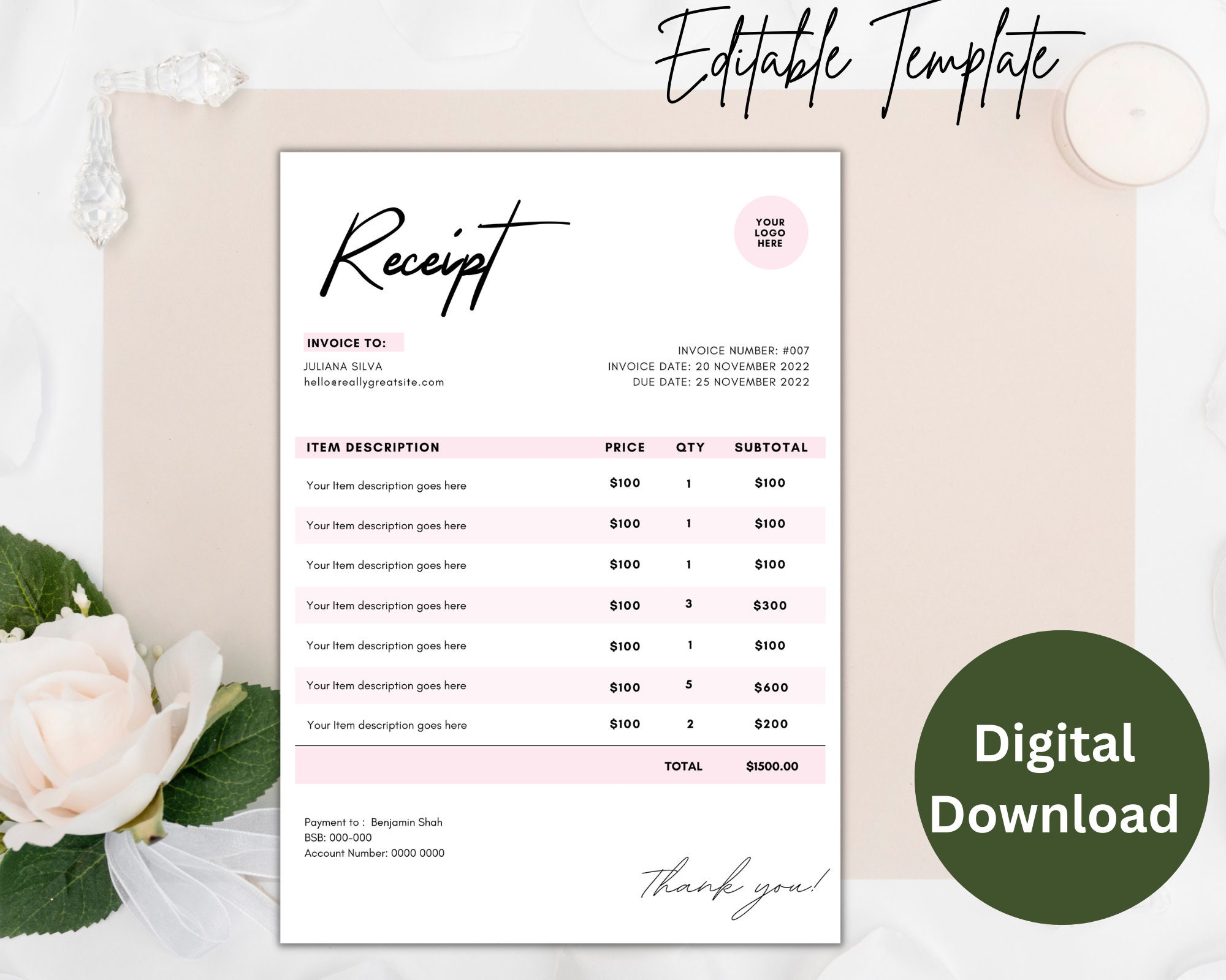 Editable Receipt Template, Printable Billing Template, Order Form ...