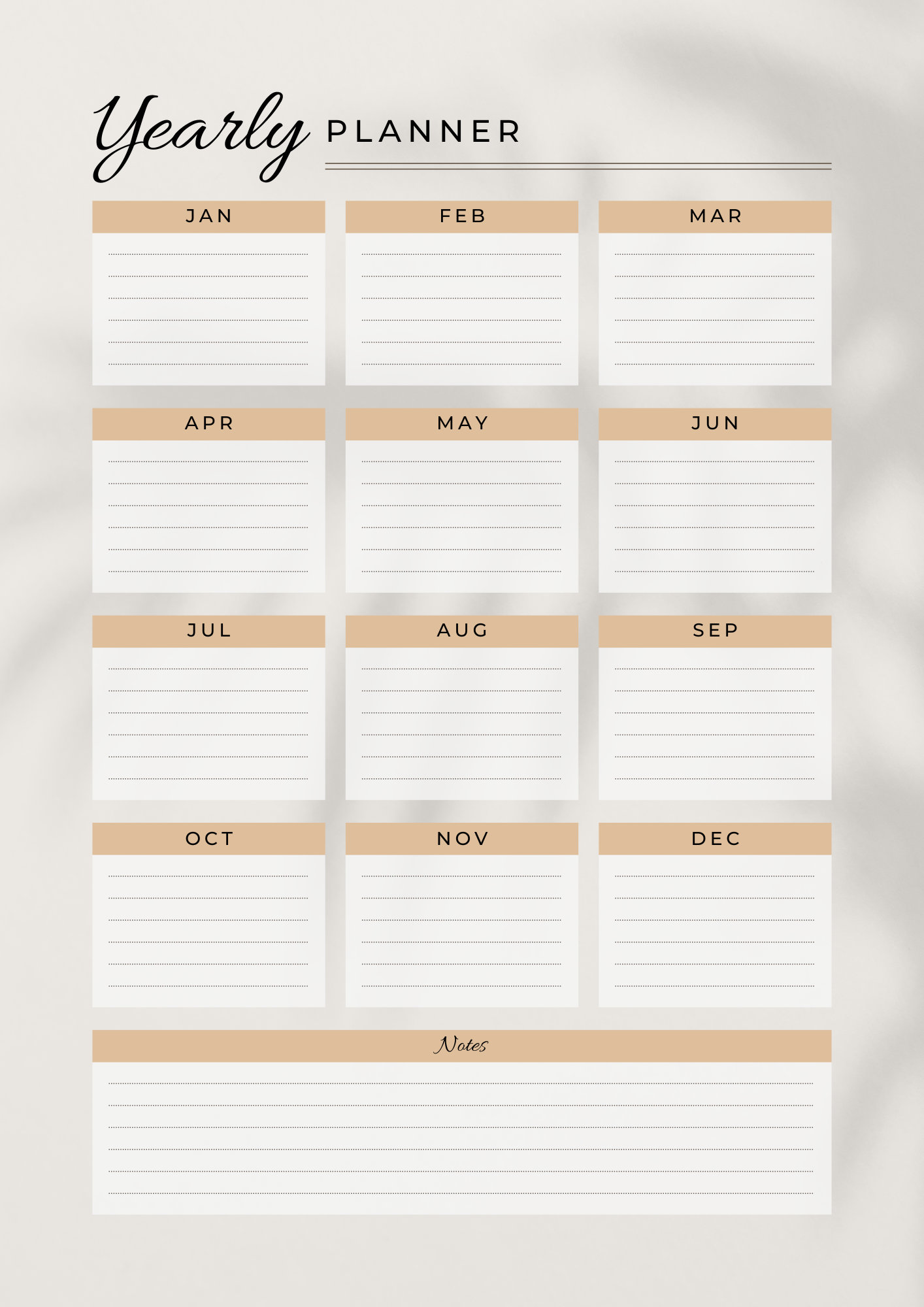 Printable Yearly Planner on One Page, Year at a Glance, Undated ...