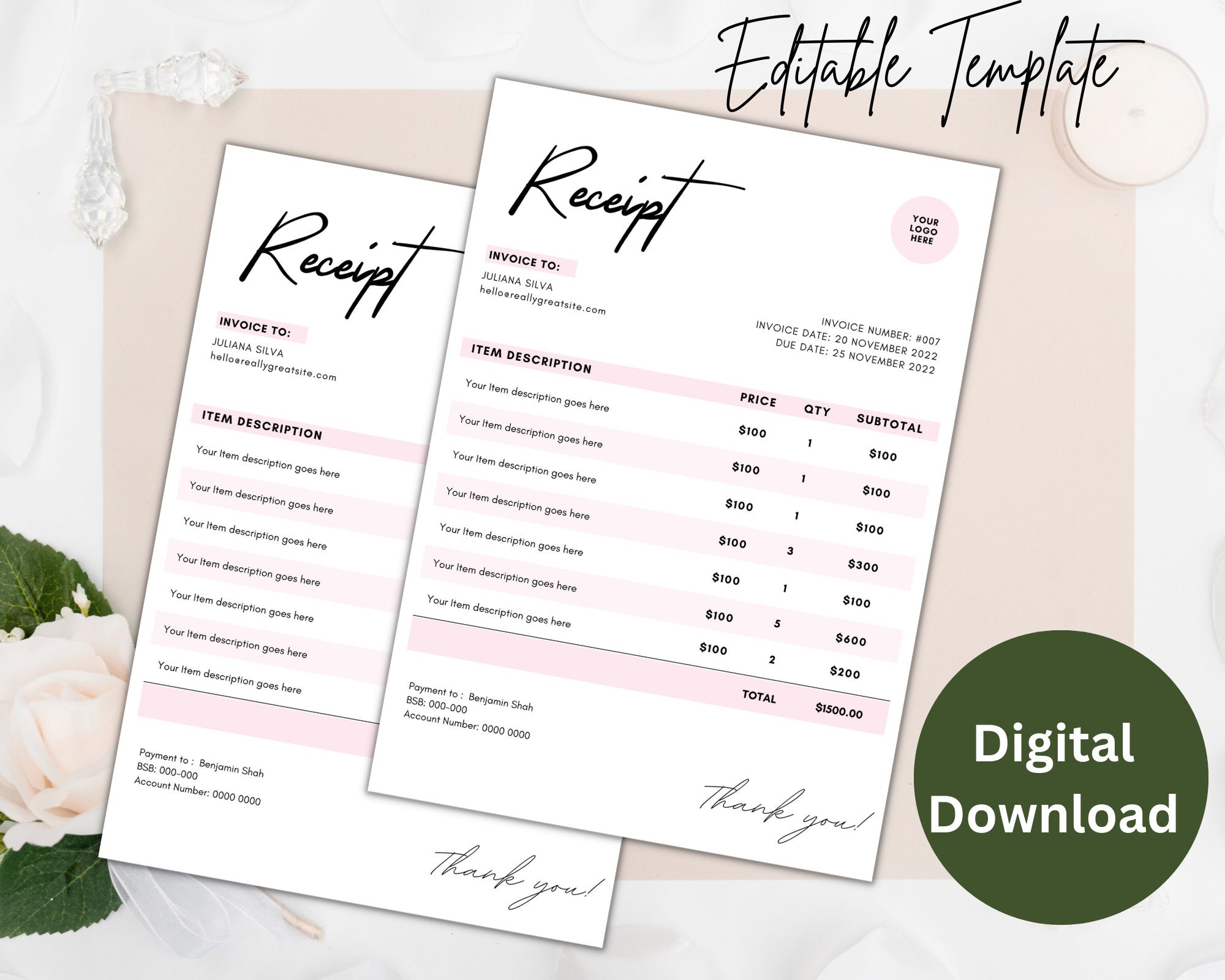 Editable Receipt Template, Printable Billing Template, Order Form ...