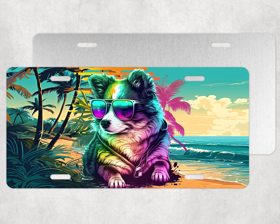 Dog With Sunglasses License Plate,dog and Beach,colorful Dog License ...