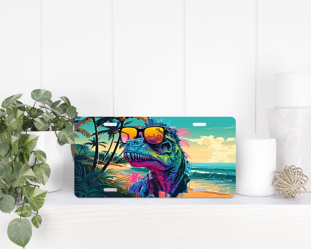 Dinosaur With Sunglasses License Plate,dinosaur and Beach,colorful ...