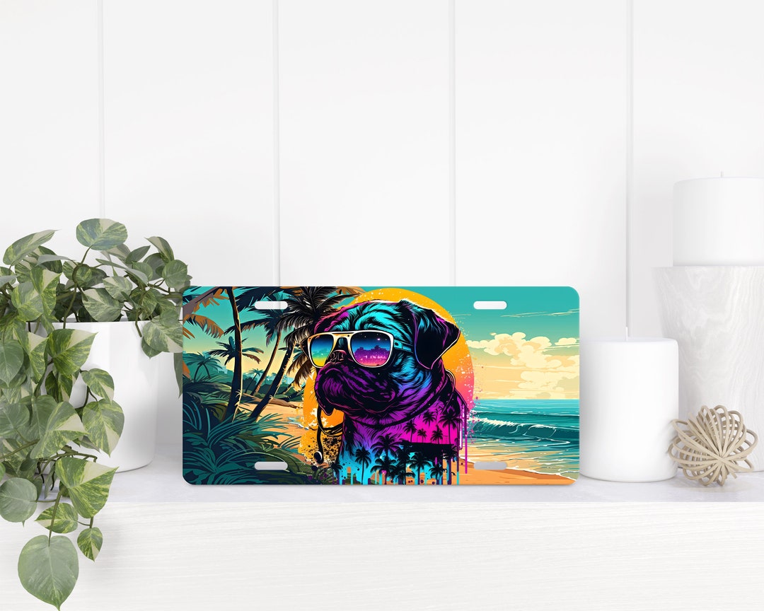 Dog With Sunglasses License Plate,dog and Beach,colorful Dog License ...