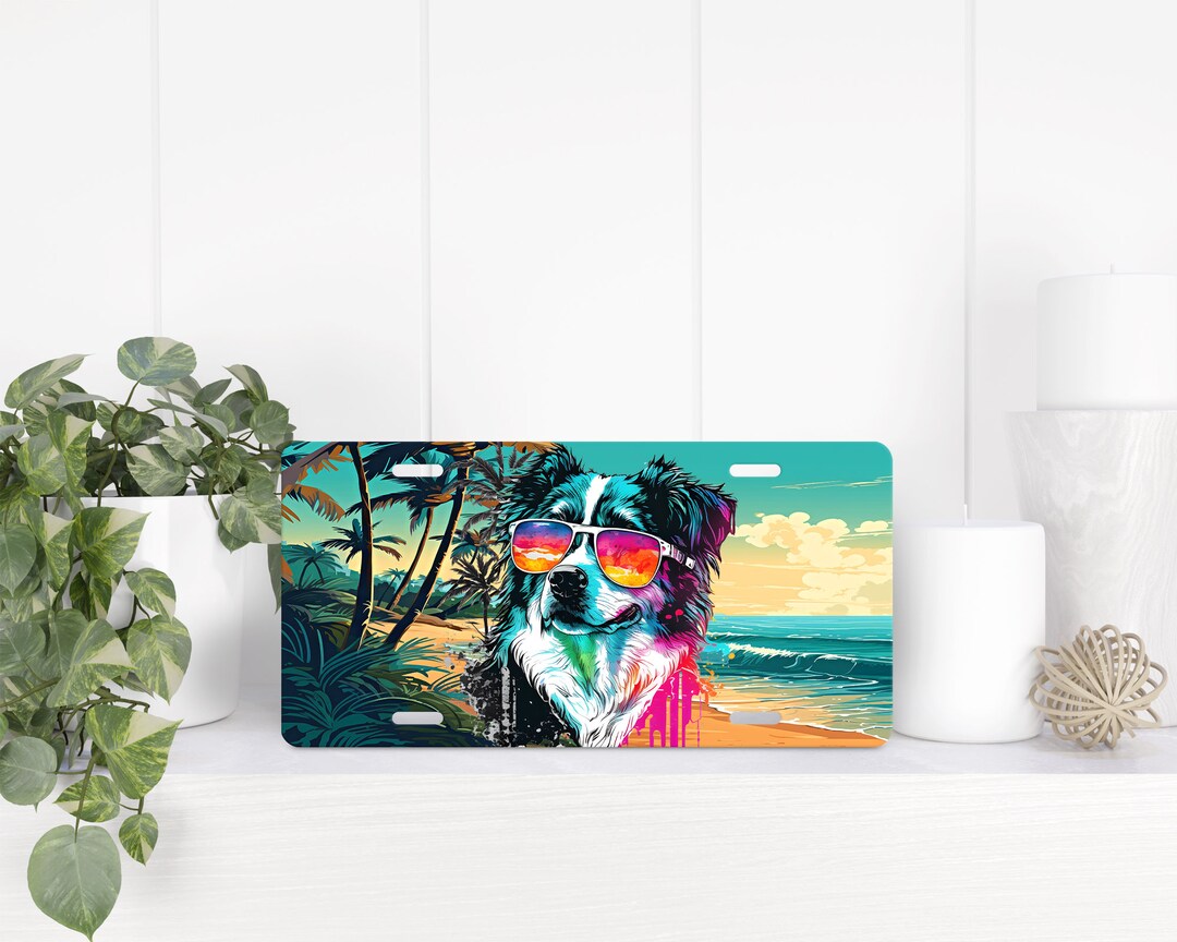 Dog With Sunglasses License Plate,dog and Beach,colorful Dog License ...