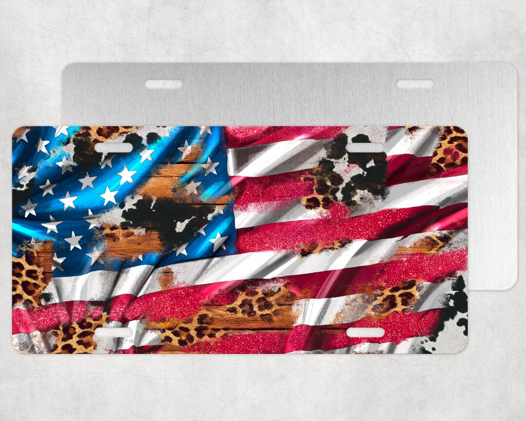 USA Flag and Leopard With Wood License Plate,4th of July License Plate ...