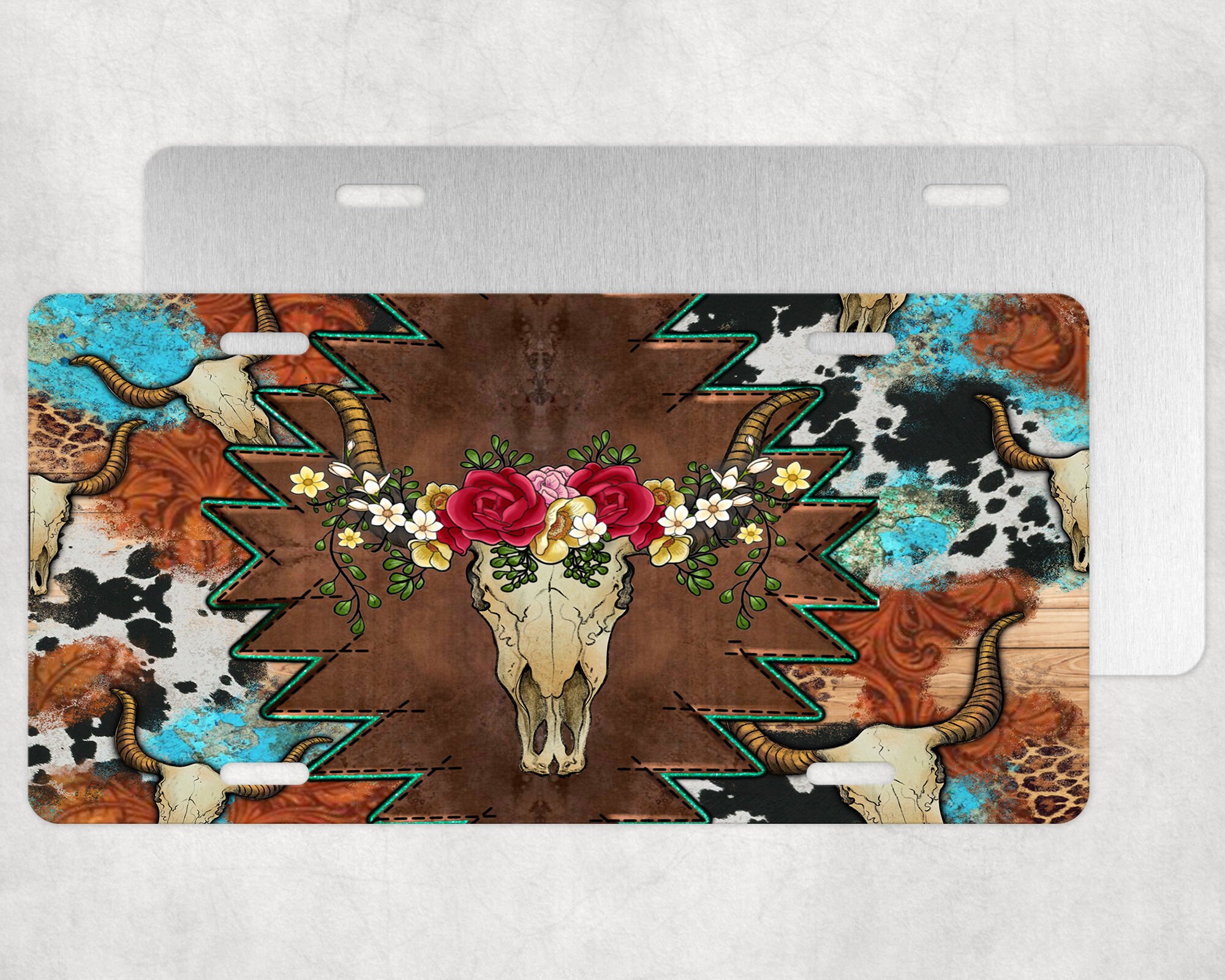 Western Floral Bull Skull License Plate ,western Floral Bull Skull,bull ...