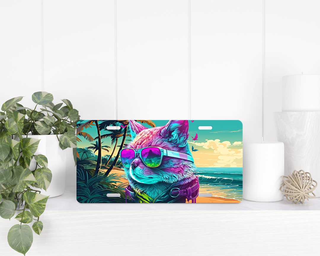 Cat With Sunglasses License Plate, Cat and Beach,colorful Cat License ...