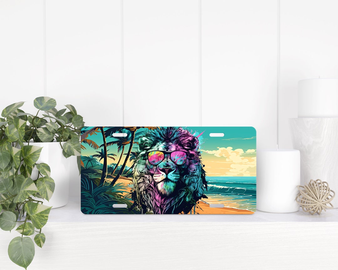 Lion With Sunglasses License Plate, Lion and Beach,colorful Lion ...