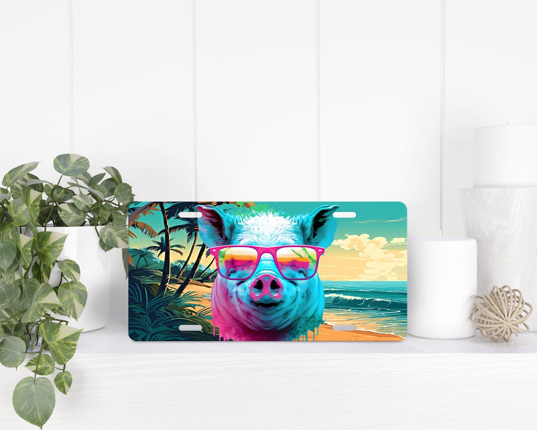 Pig With Sunglasses License Plate, Pig and Beach,colorful Pig License ...
