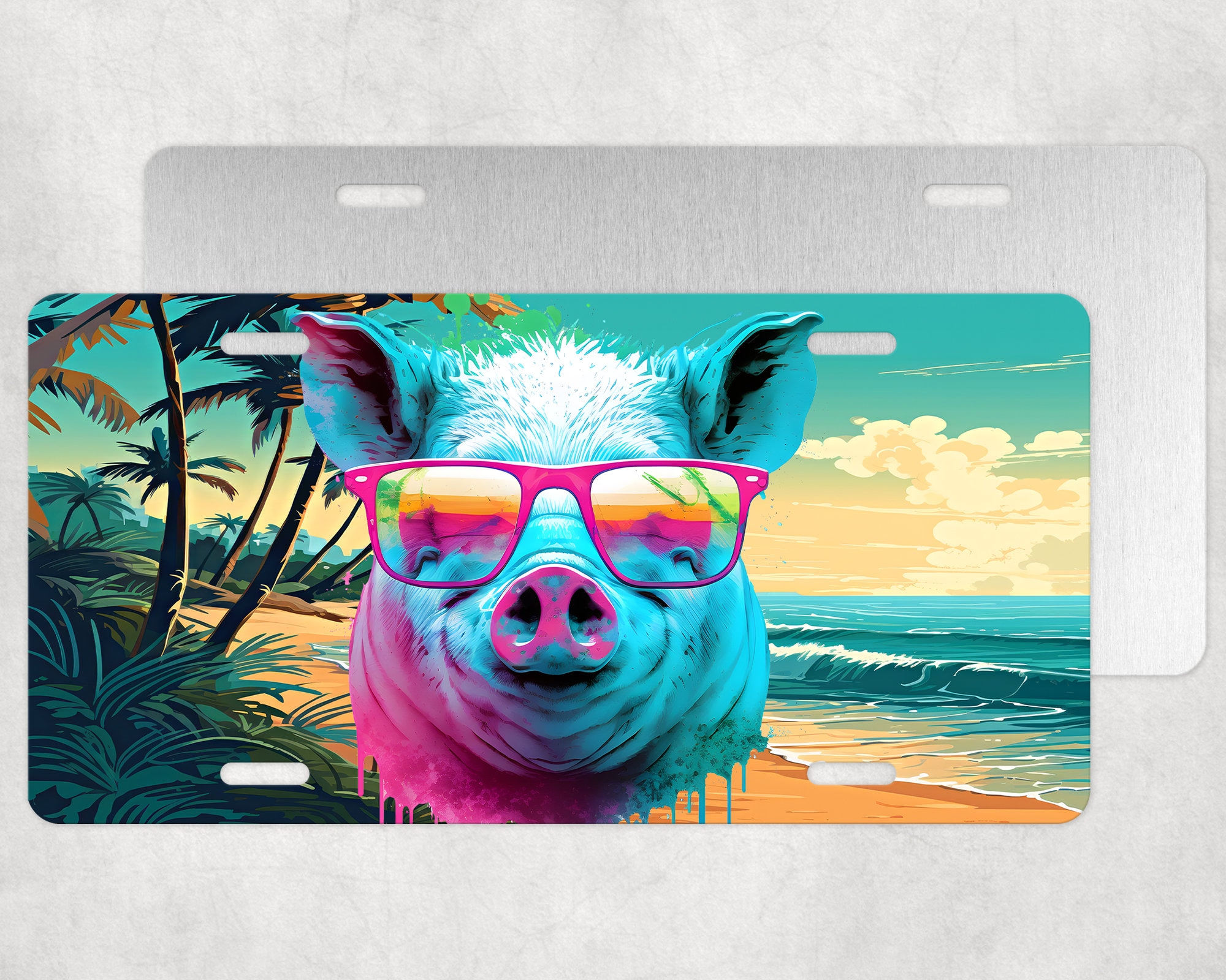 Pig With Sunglasses License Plate, Pig and Beach,colorful Pig License ...