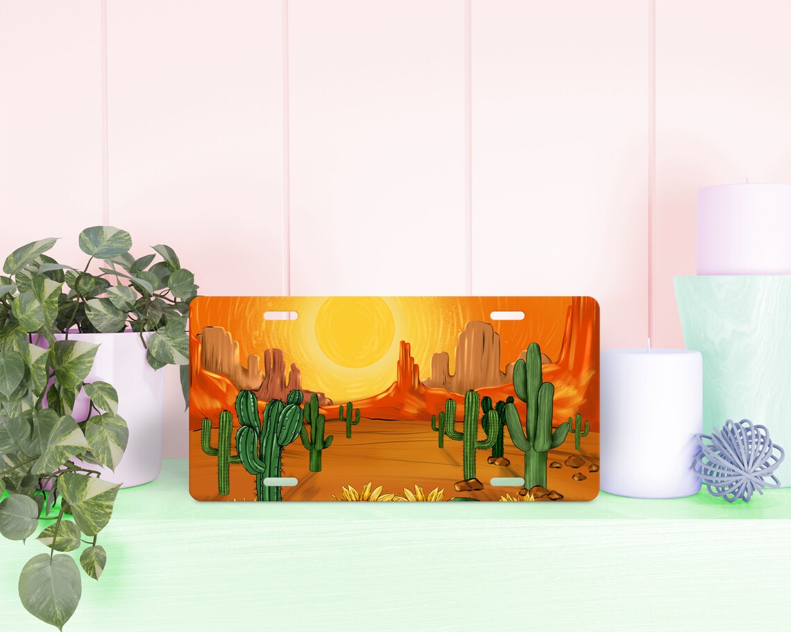 Western Sunset Cactus Sunflowers License Plate,sunset License Plate ...