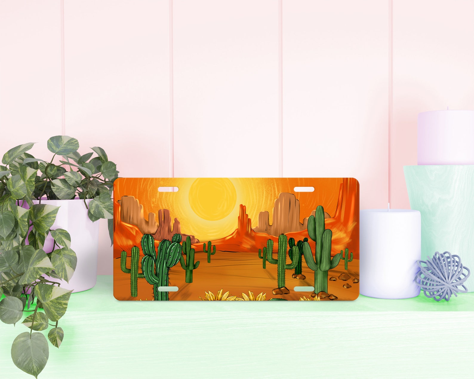 Western Sunset Cactus Sunflowers License Plate,sunset License Plate ...