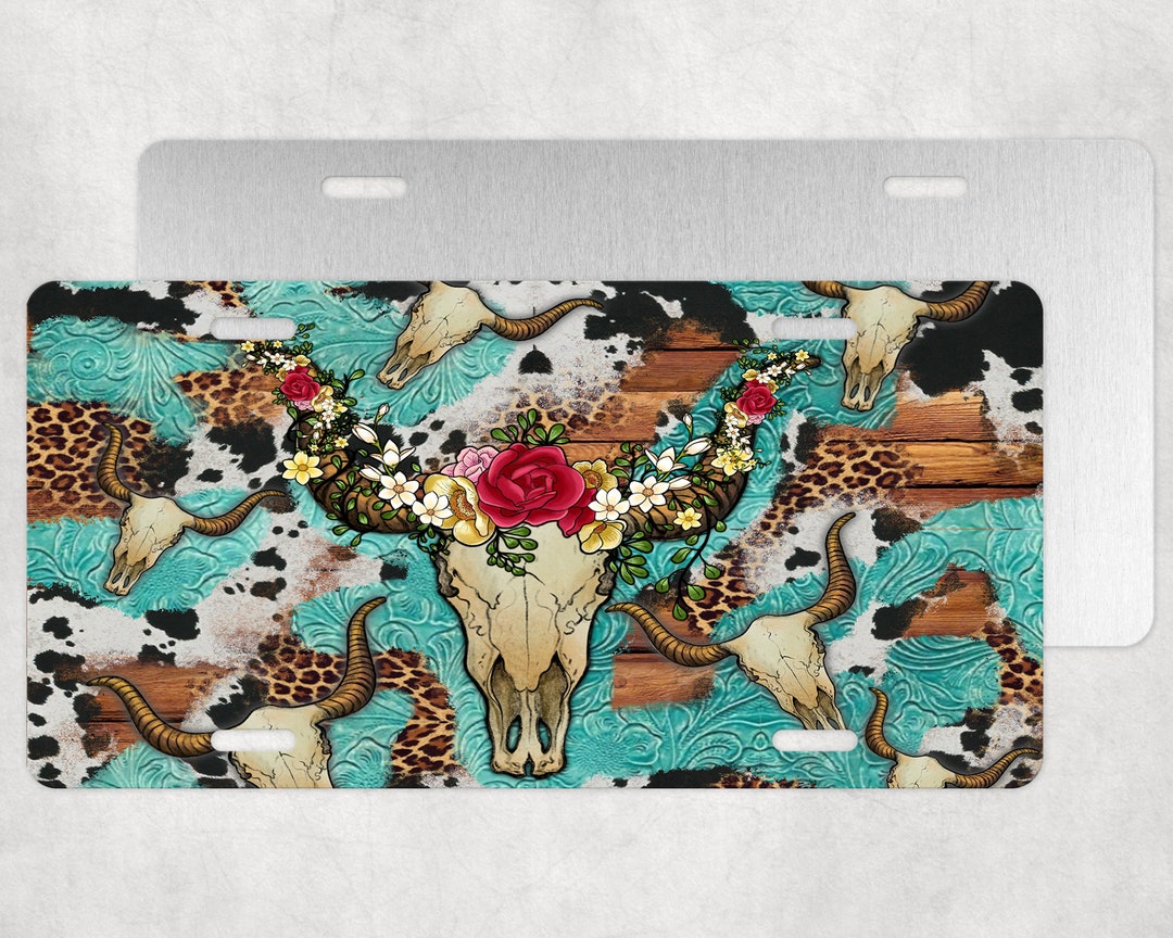 Bull Skull Flowers Cowhide License Plate,bull Skull Flowers Cowhide ...