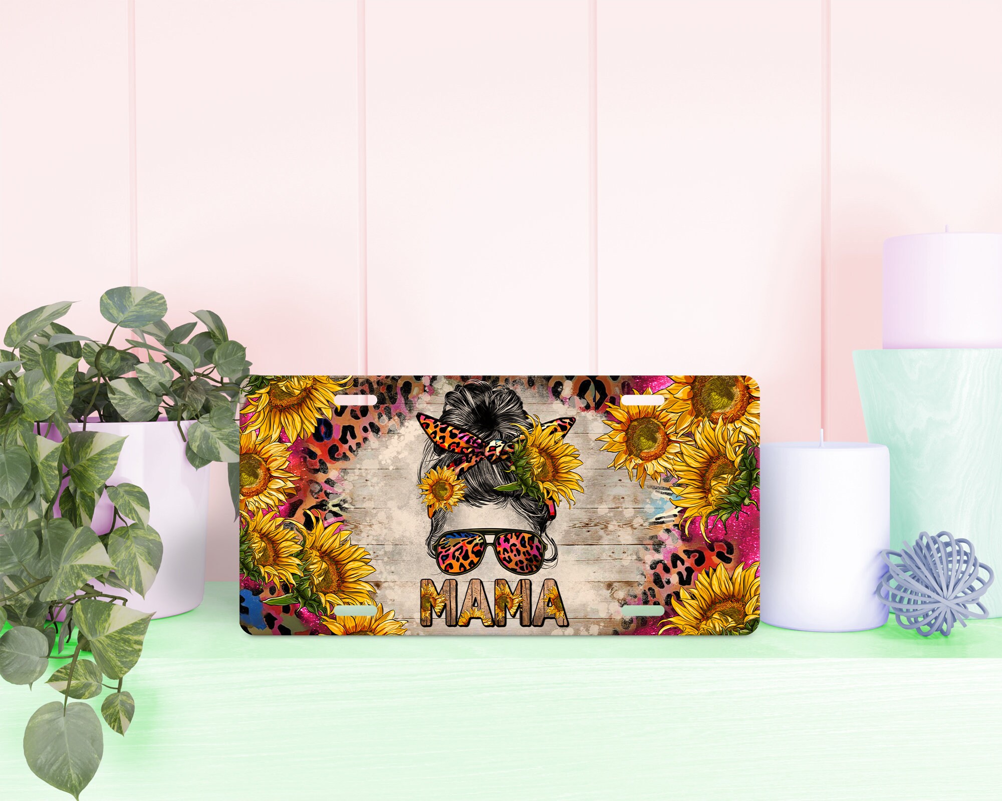 Messy Bun Mama With Sunflowers License Plate, Mother's Day, Western ...