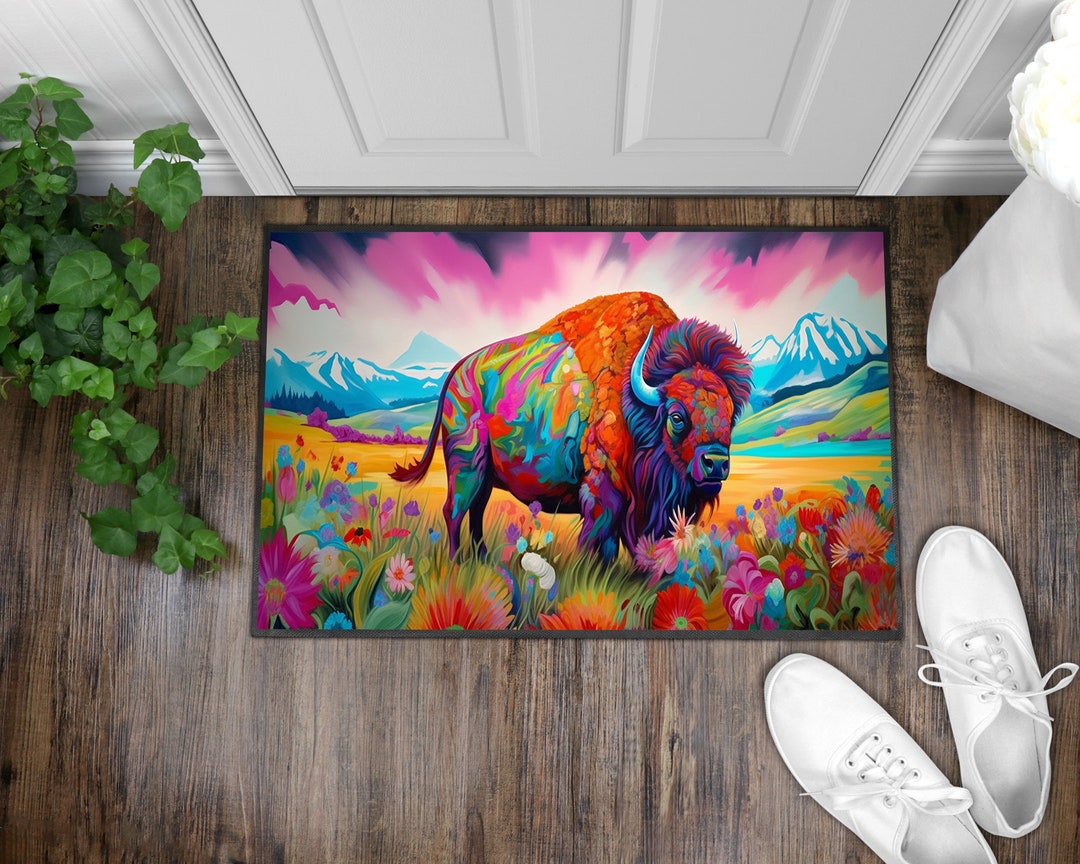 Neon Bison Door Mat, Bison Doormat,colorful Bison Rug,animal Rug,neon ...