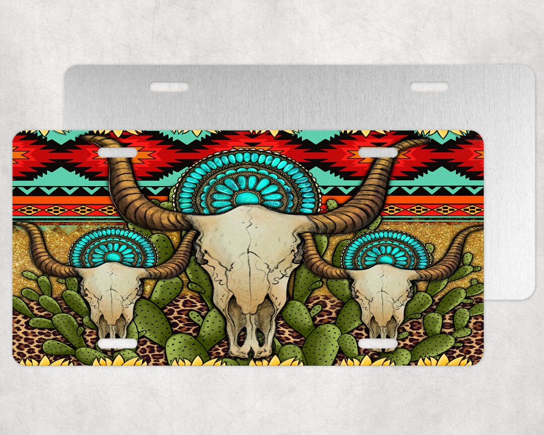 Bull Skulls Gemstones and Cactus License Plate,bull Skull Gemstone ...