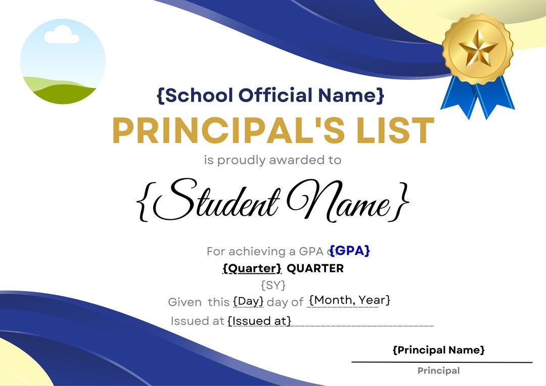 Principal's List Certificate | Quarterly | Fully Editable in Canva | US ...