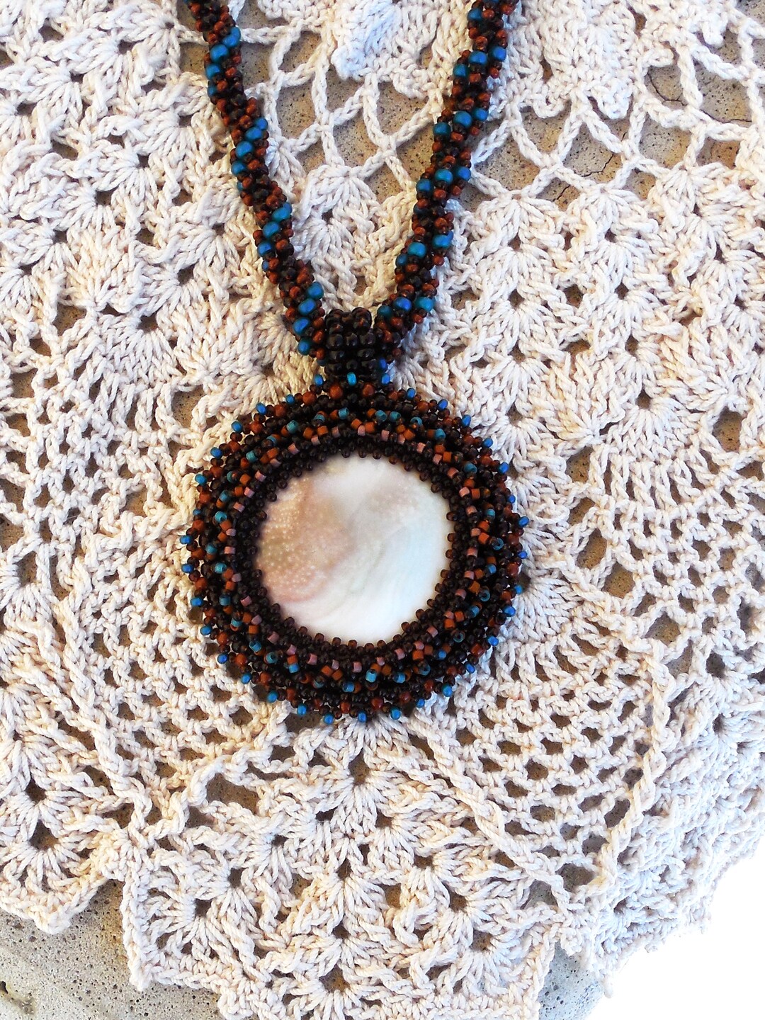 Shiva Eye Snail Shell Pendant Blue Brown Seed Bead Bezel Necklace ...