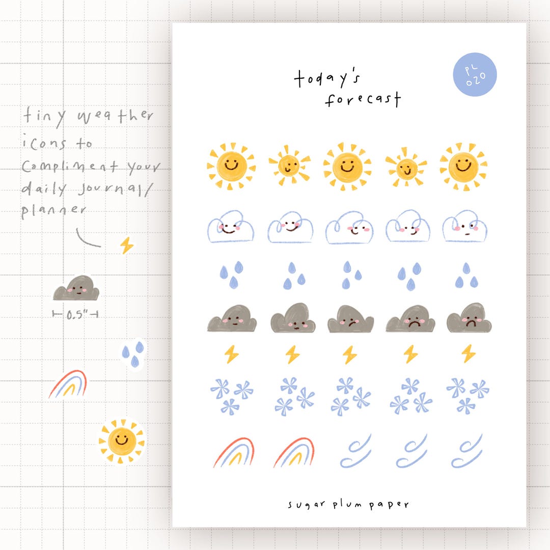 Weather Icons Sticker Sheet // Cute Smiley Sunny Cloudy Stickers ...