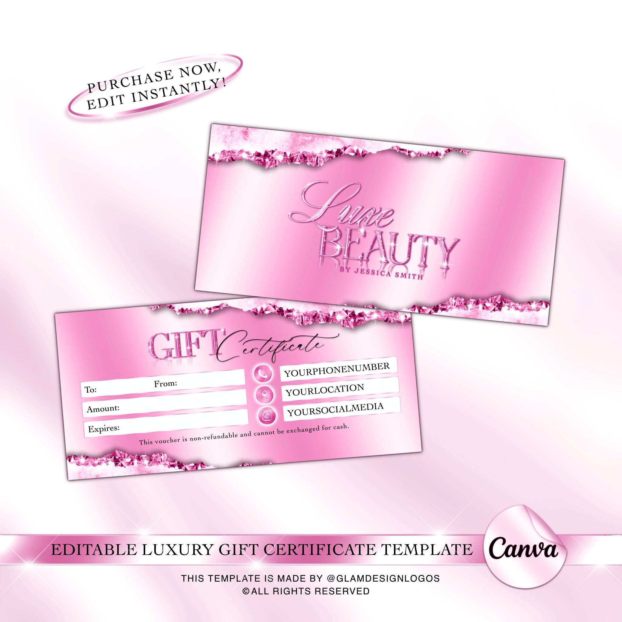 Luxury Pink Gift Certificate Template, Editable Glam Beauty Salon ...
