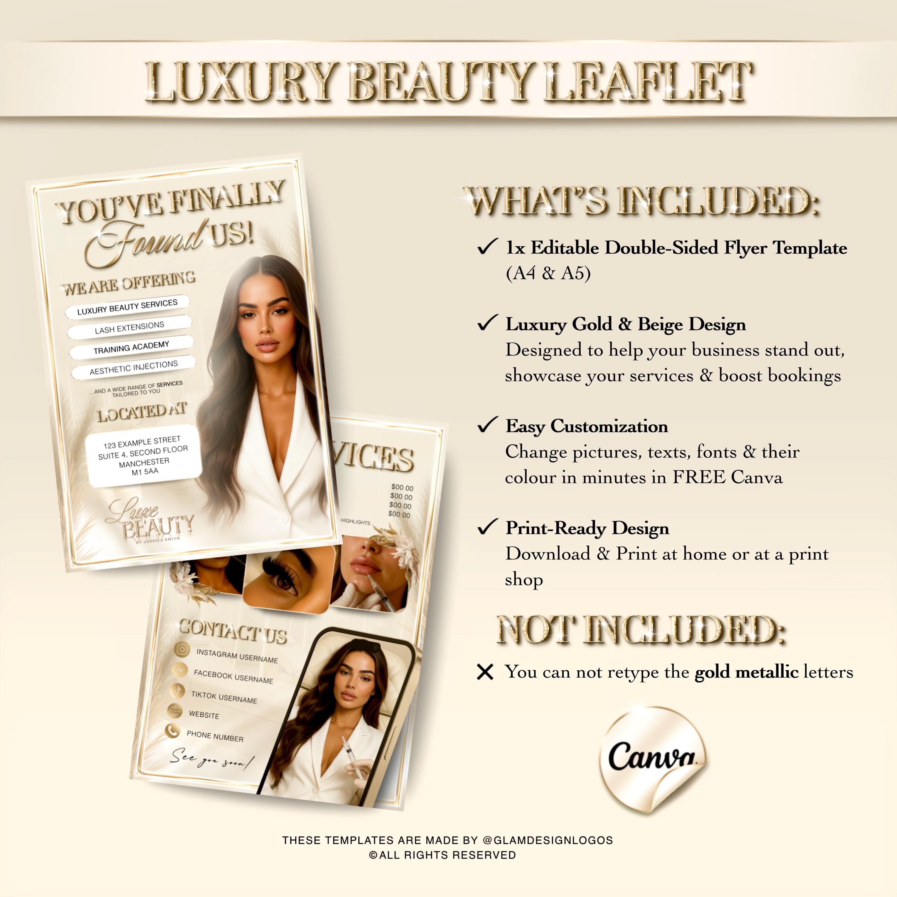 Luxury Gold & Beige Beauty Leaflet Canva Template, Editable Double ...