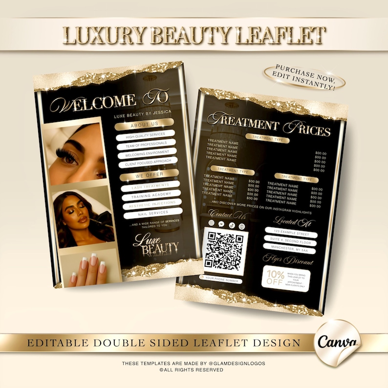 Luxury Gold & Black Beauty Leaflet Canva Template, Editable Double ...