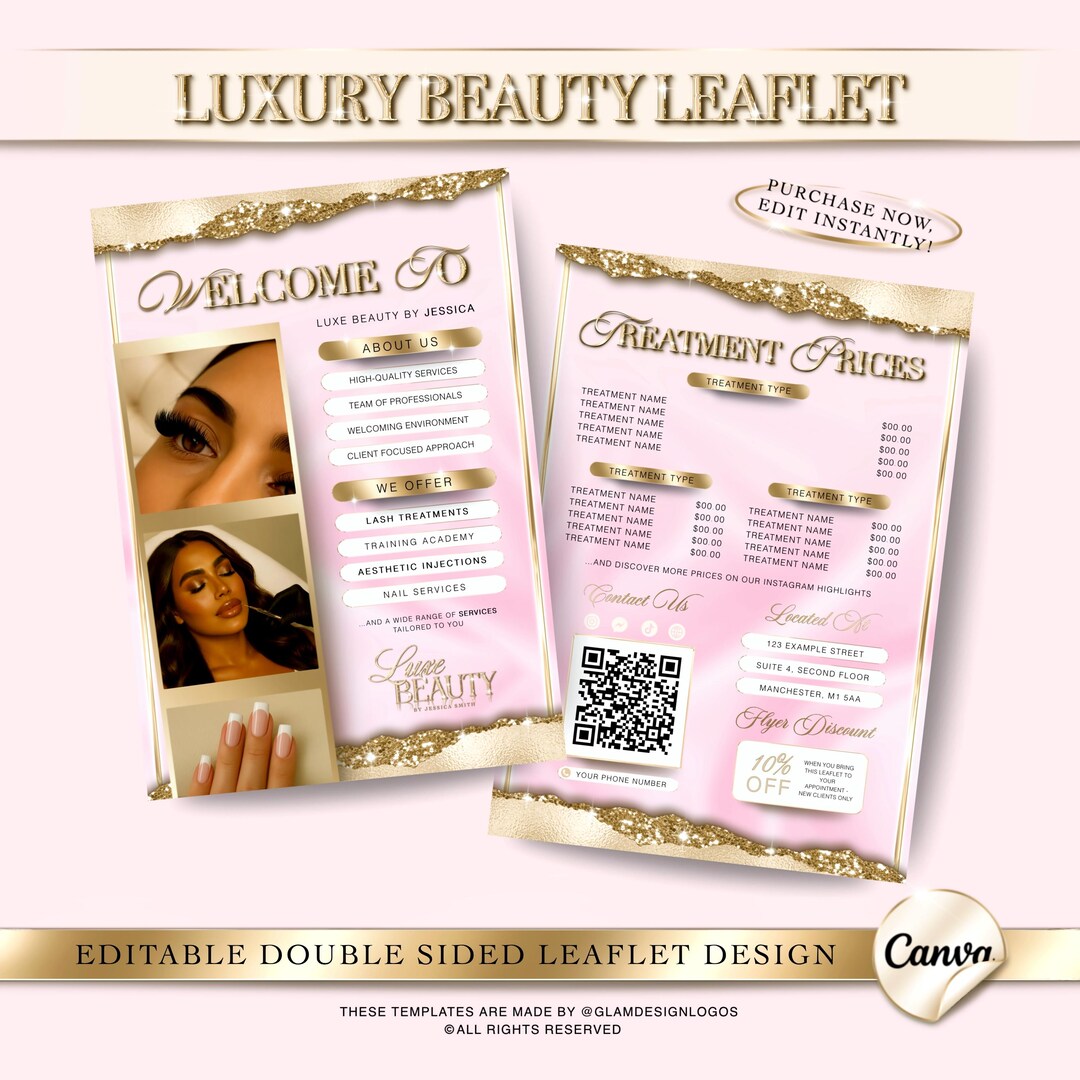 Luxury Gold & Pink Beauty Leaflet Canva Template, Editable Double-sided ...