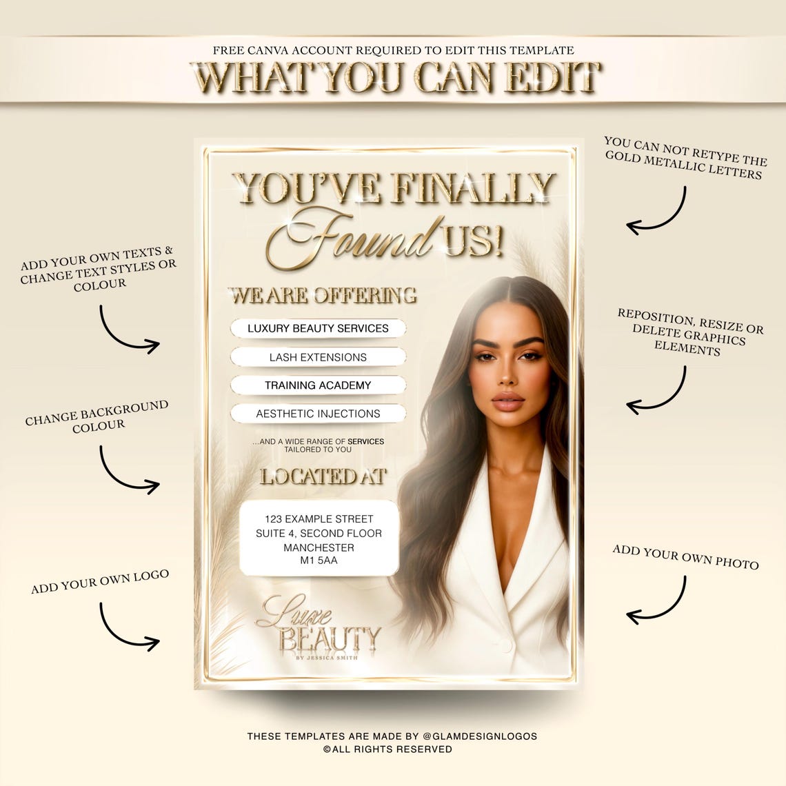 Luxury Gold & Beige Beauty Leaflet Canva Template, Editable Double ...