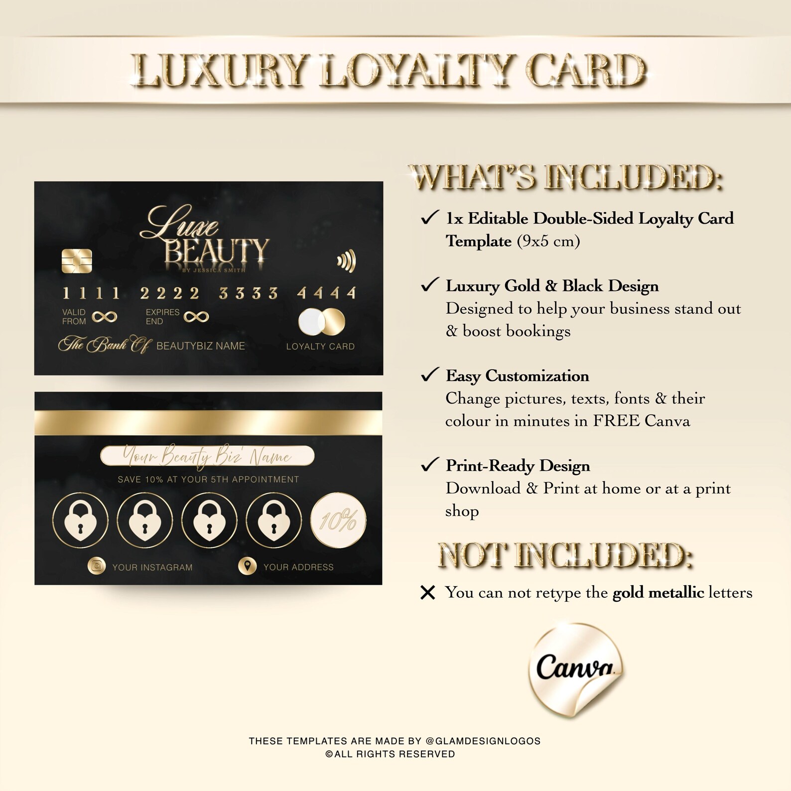 Luxury Gold & Black Credit Card Loyalty Card, Canva Template, Bank Card ...