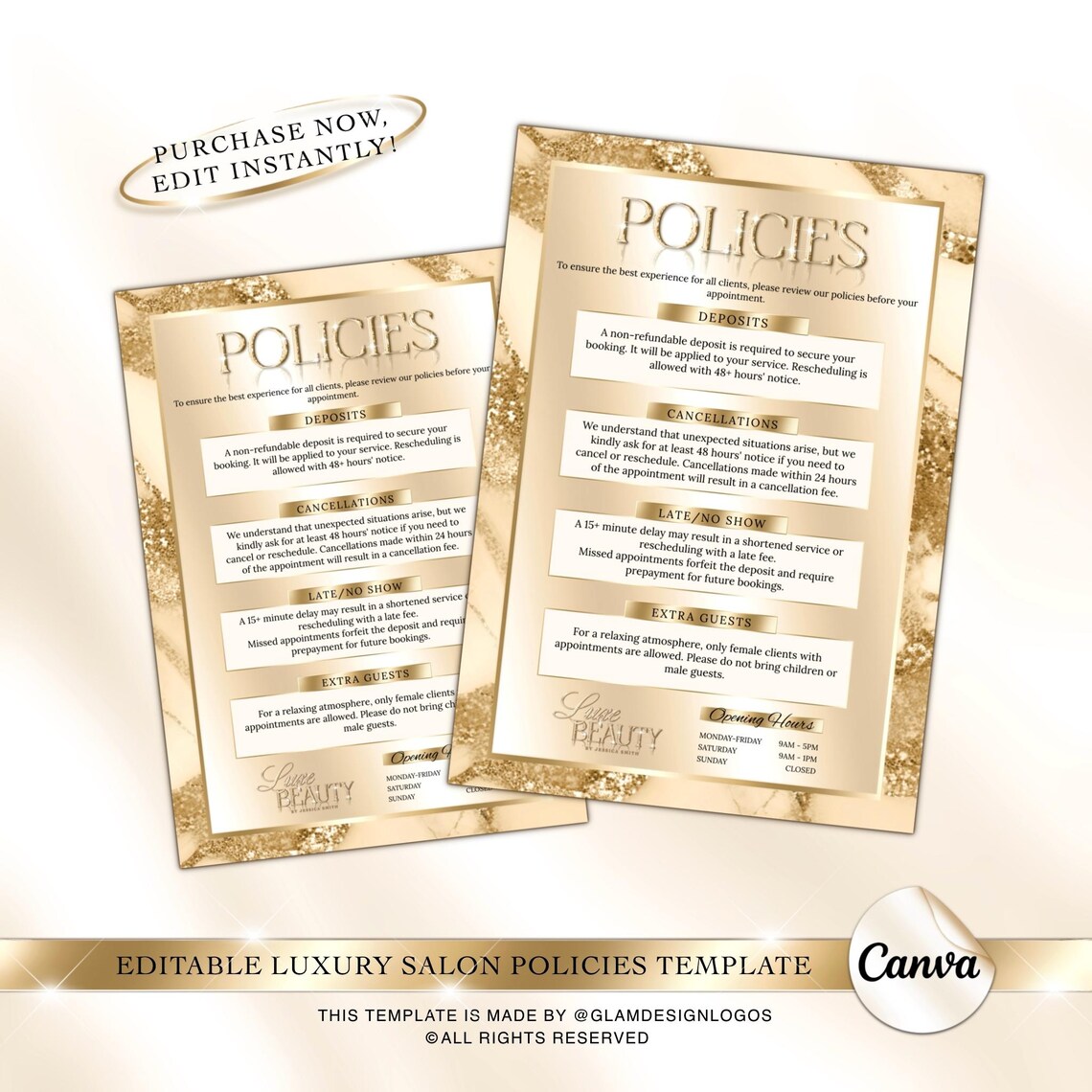 Luxury Editable Gold & Beige Marble Beauty Salon Policies Template ...