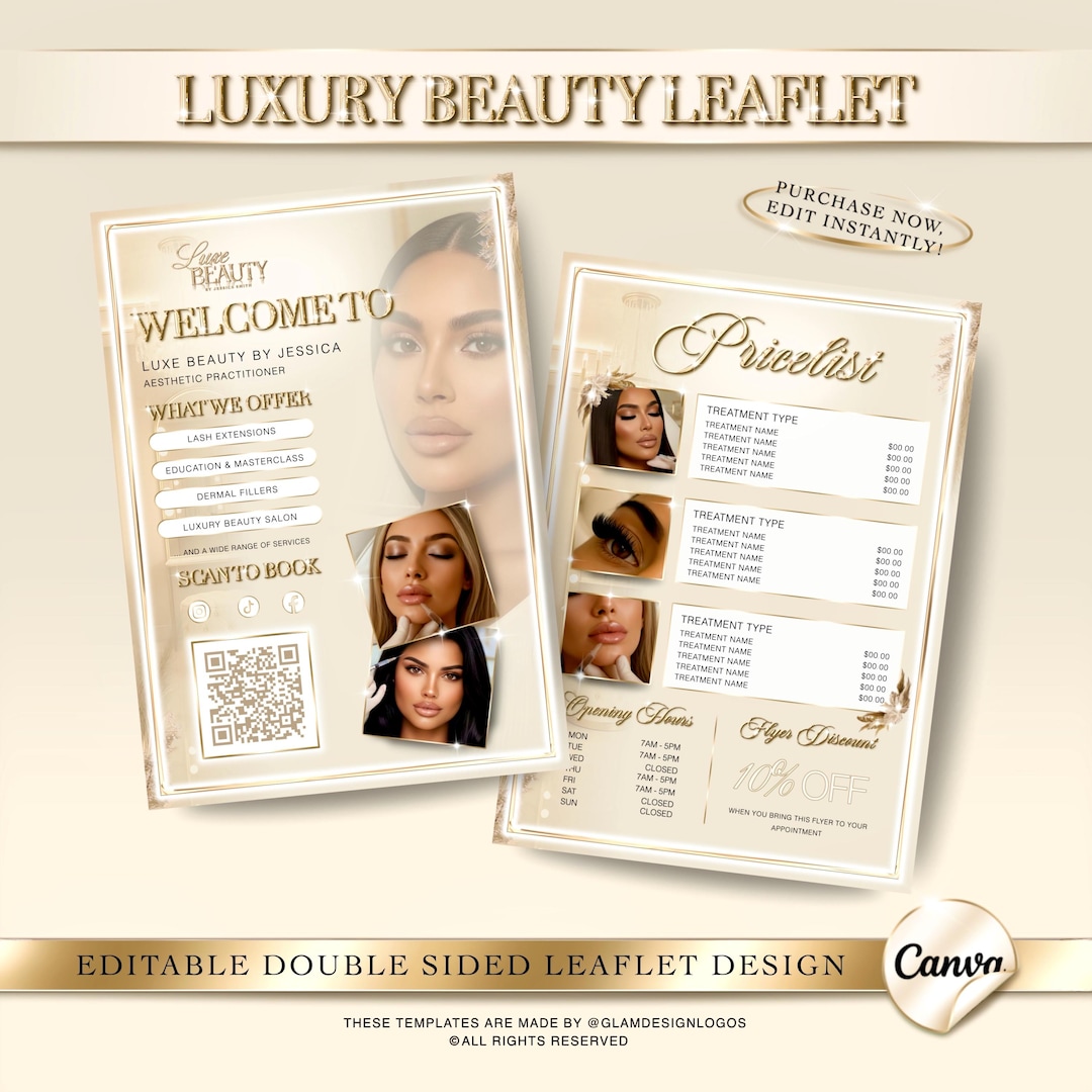 Luxury Gold & Beige Beauty Leaflet Canva Template, Editable Double ...