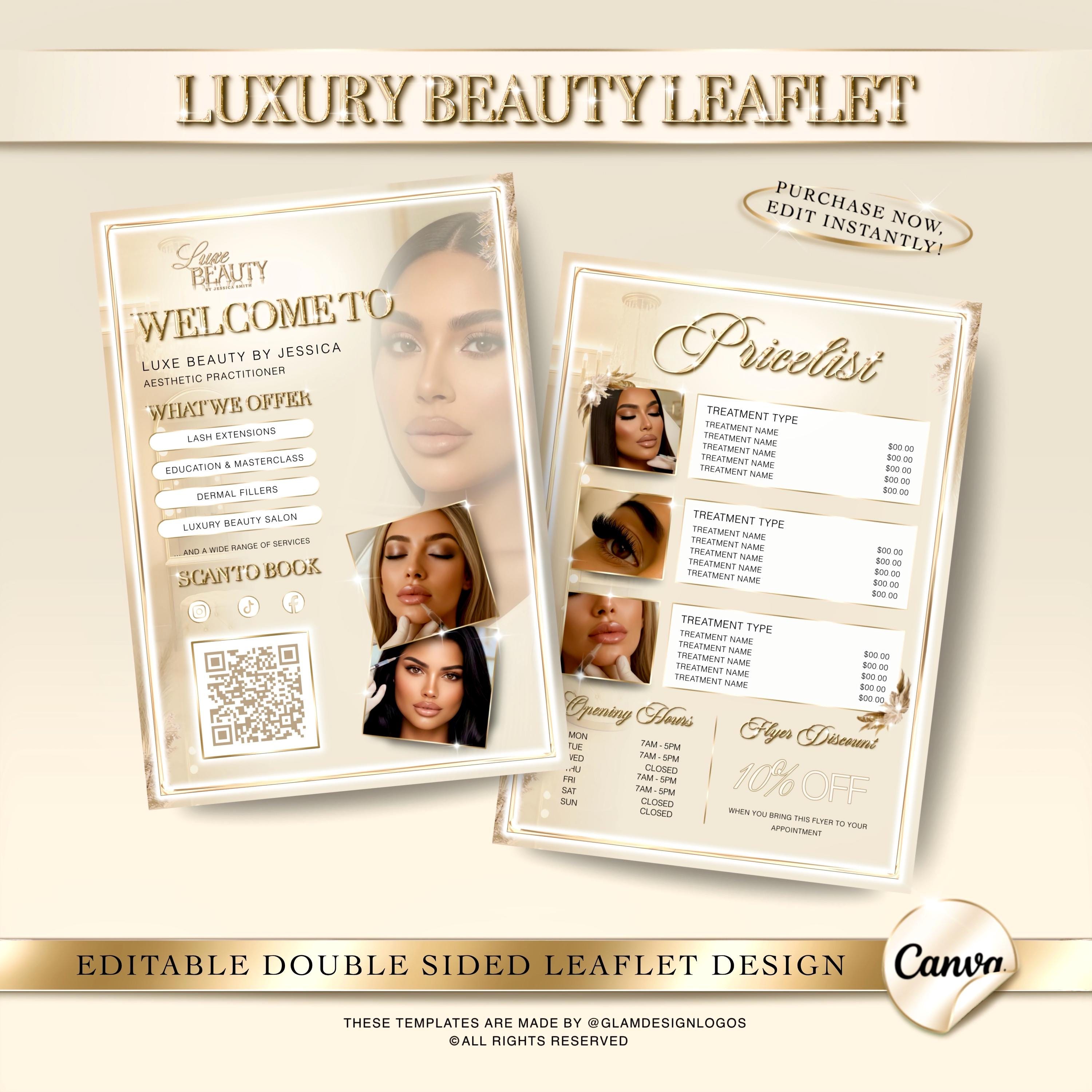 Luxury Gold & Beige Beauty Leaflet Canva Template, Editable Double ...