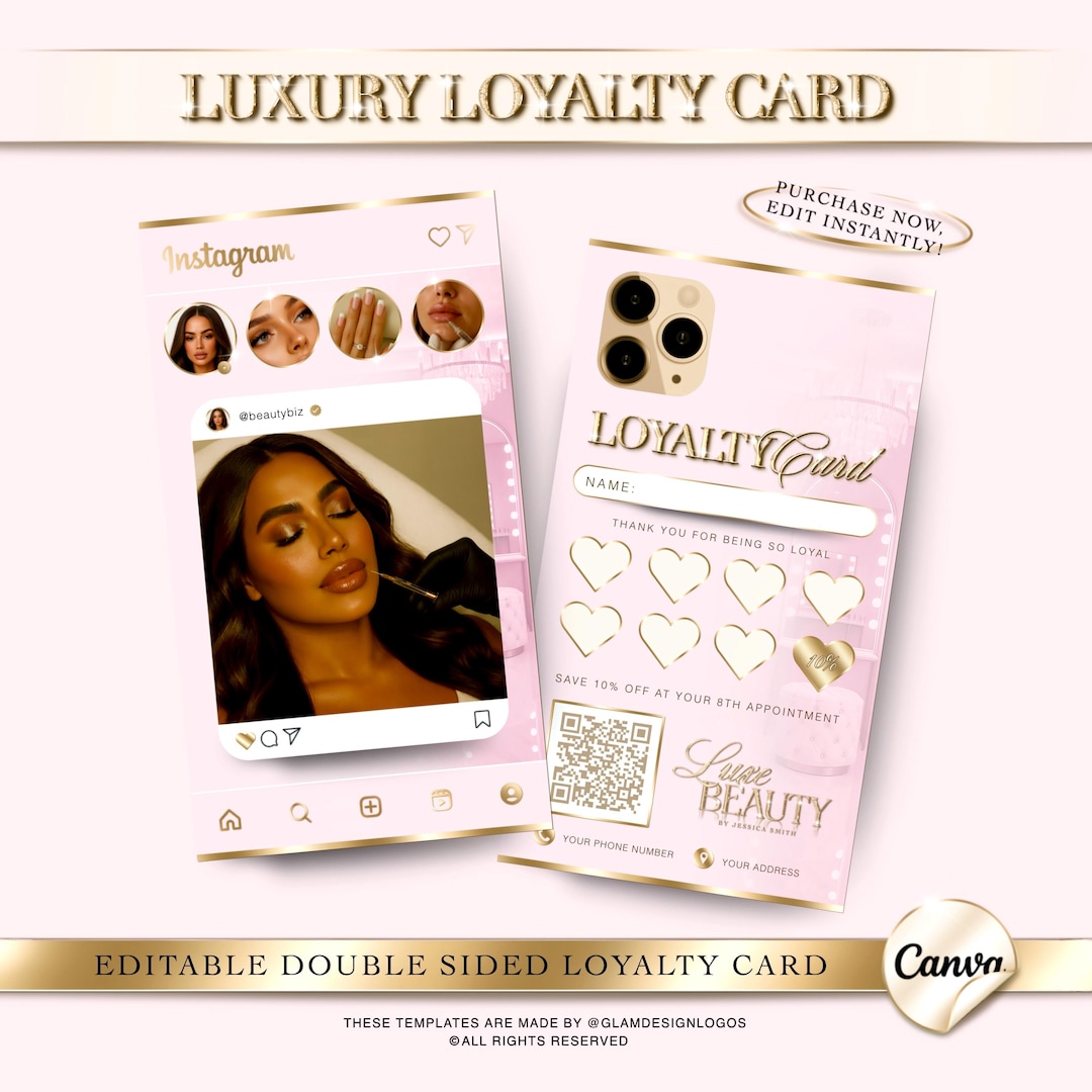 Luxury Gold & Pink Beauty Loyalty Card Canva Template, Editable Double ...