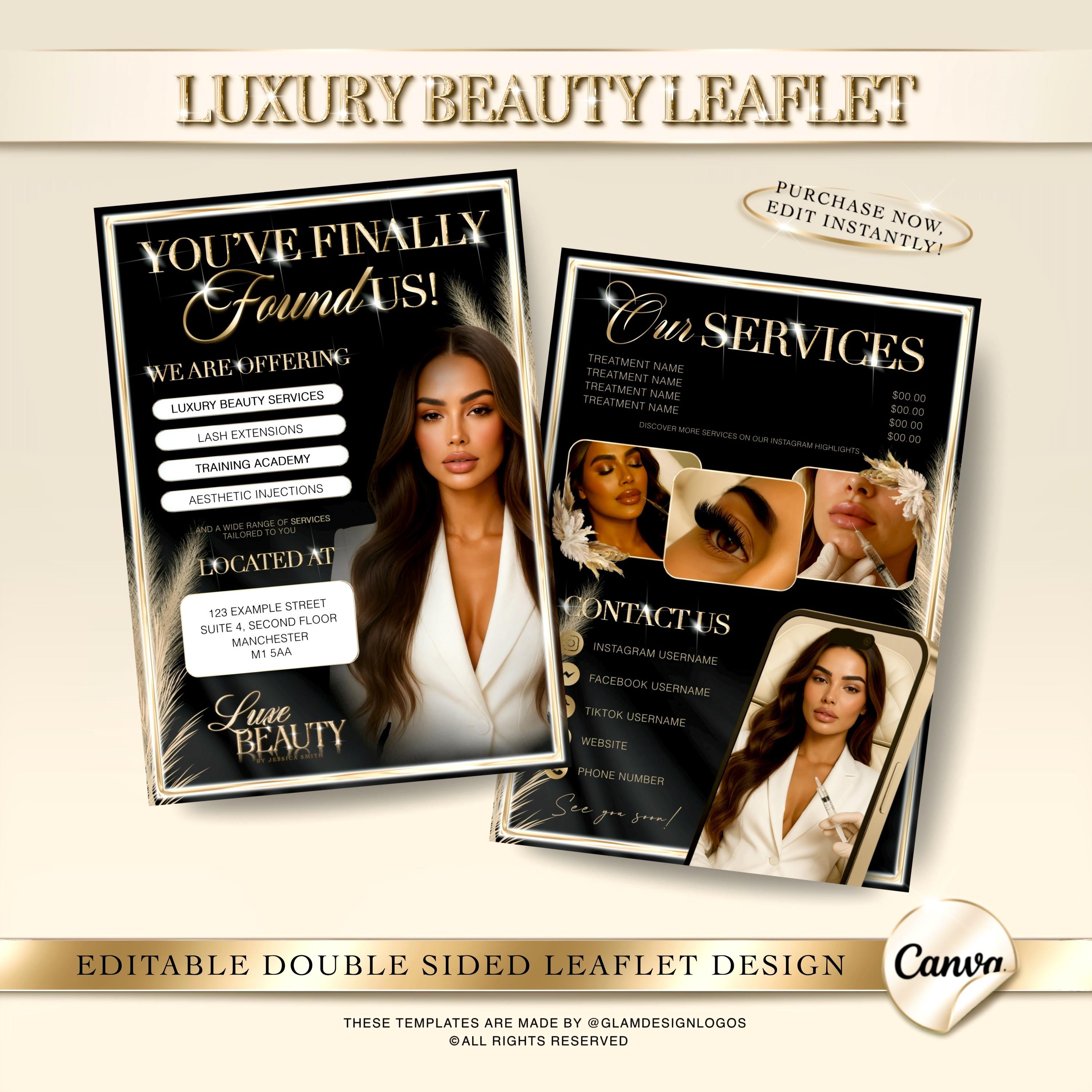 Luxury Gold & Black Beauty Leaflet Canva Template, Editable Double ...