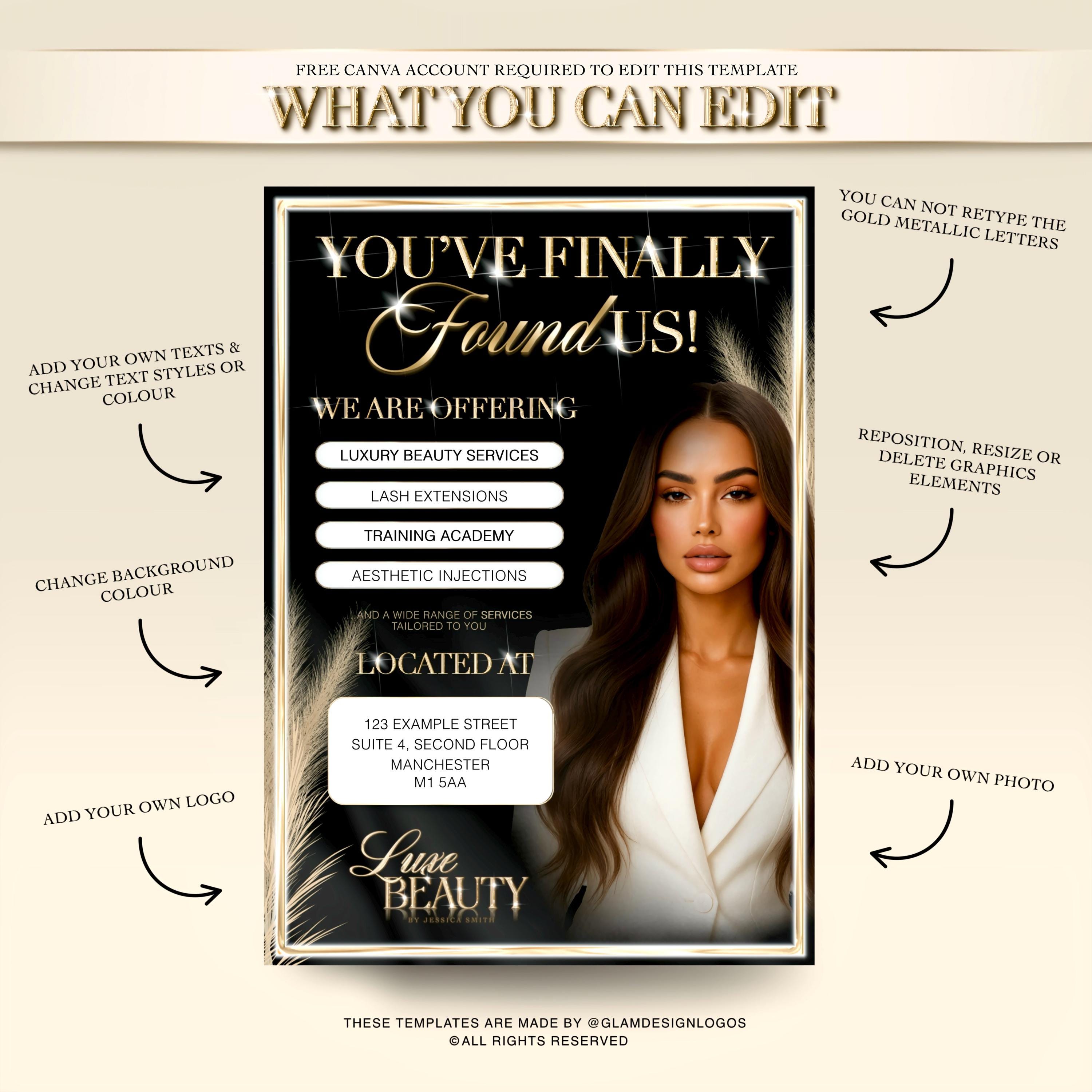 Luxury Gold & Black Beauty Leaflet Canva Template, Editable Double ...