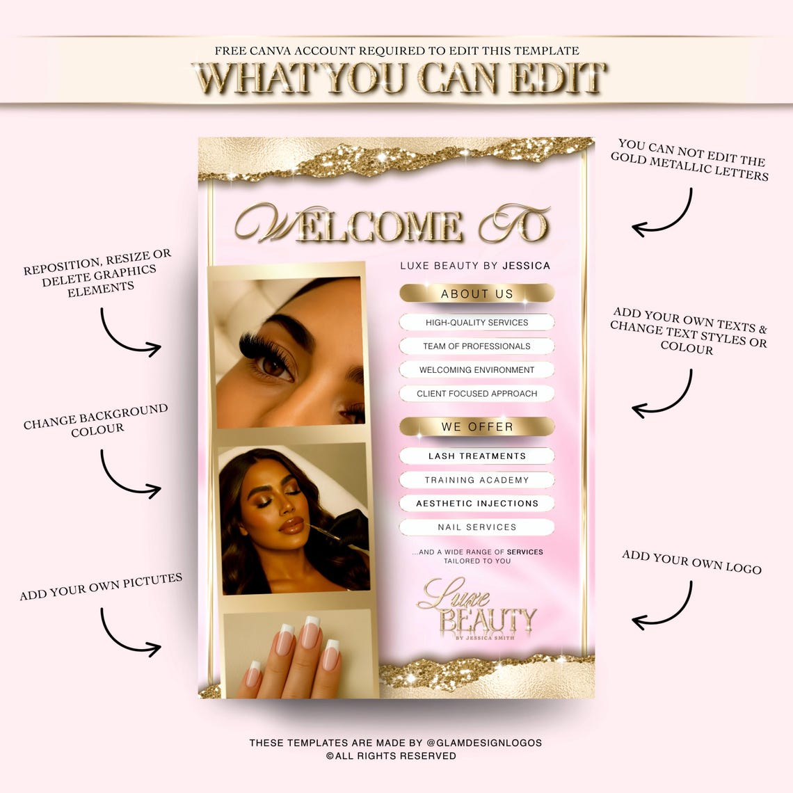 Luxury Gold & Pink Beauty Leaflet Canva Template, Editable Double-sided ...