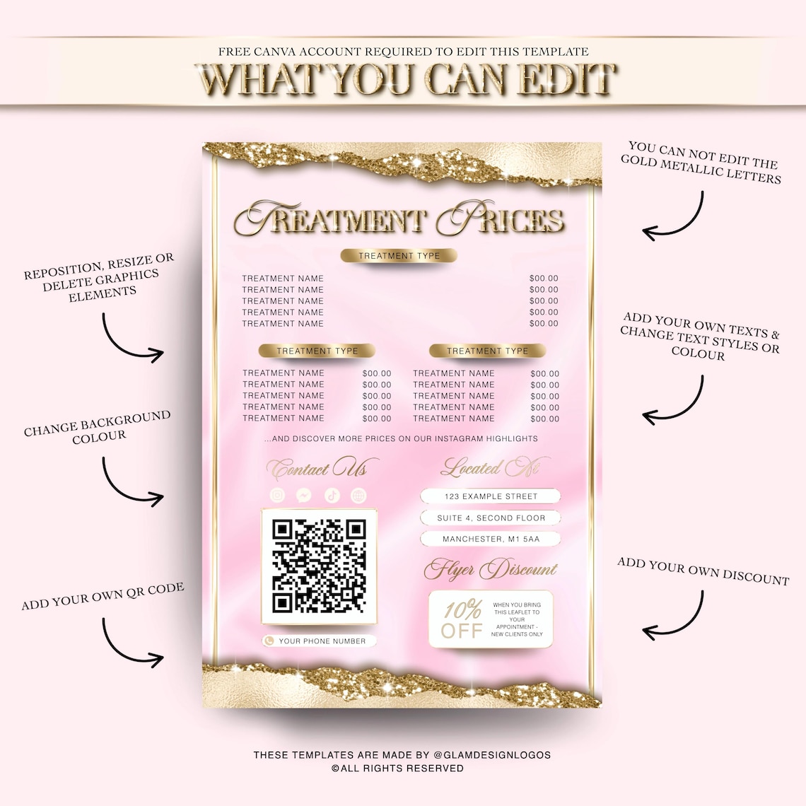 Luxury Gold & Pink Beauty Leaflet Canva Template, Editable Double-sided ...