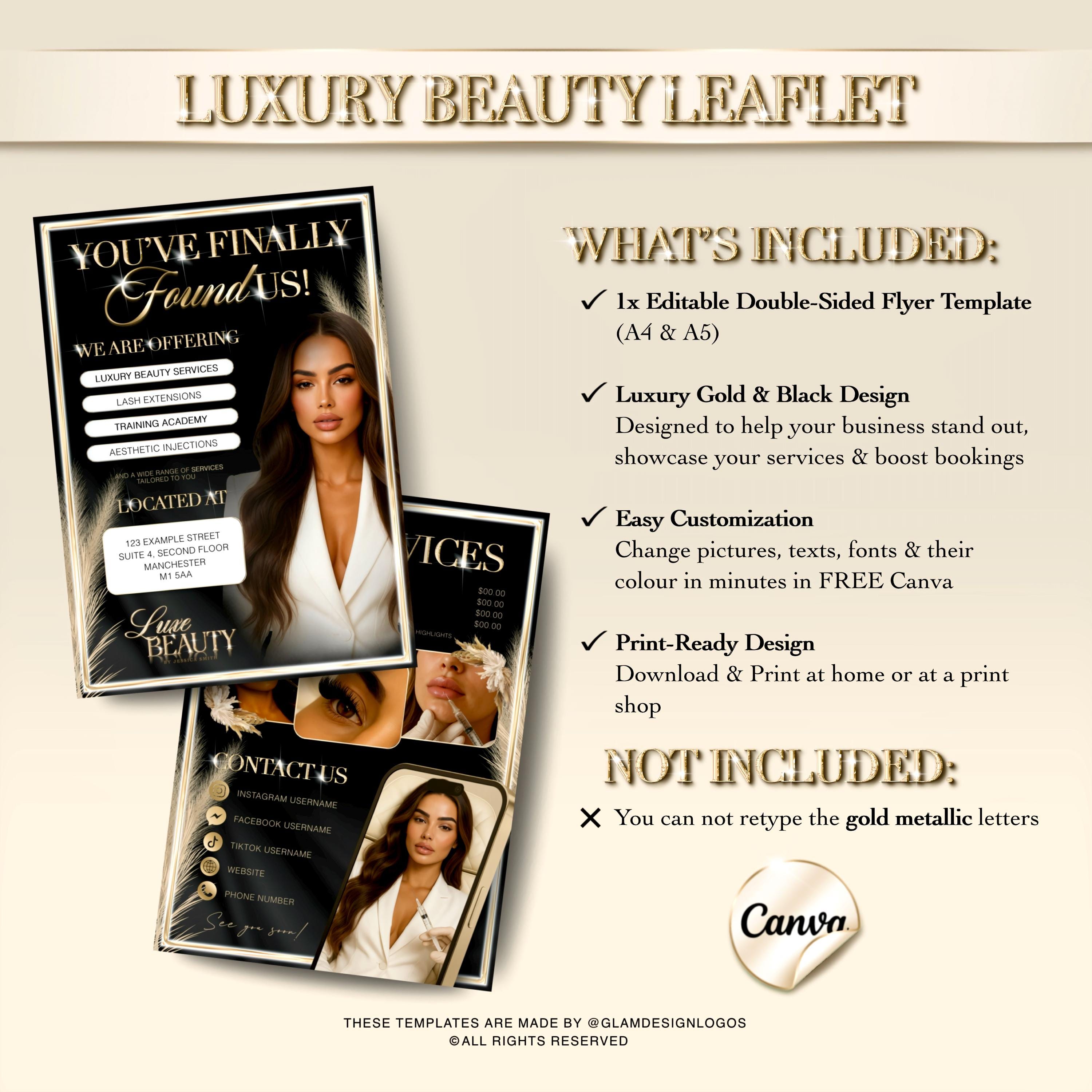 Luxury Gold & Black Beauty Leaflet Canva Template, Editable Double ...