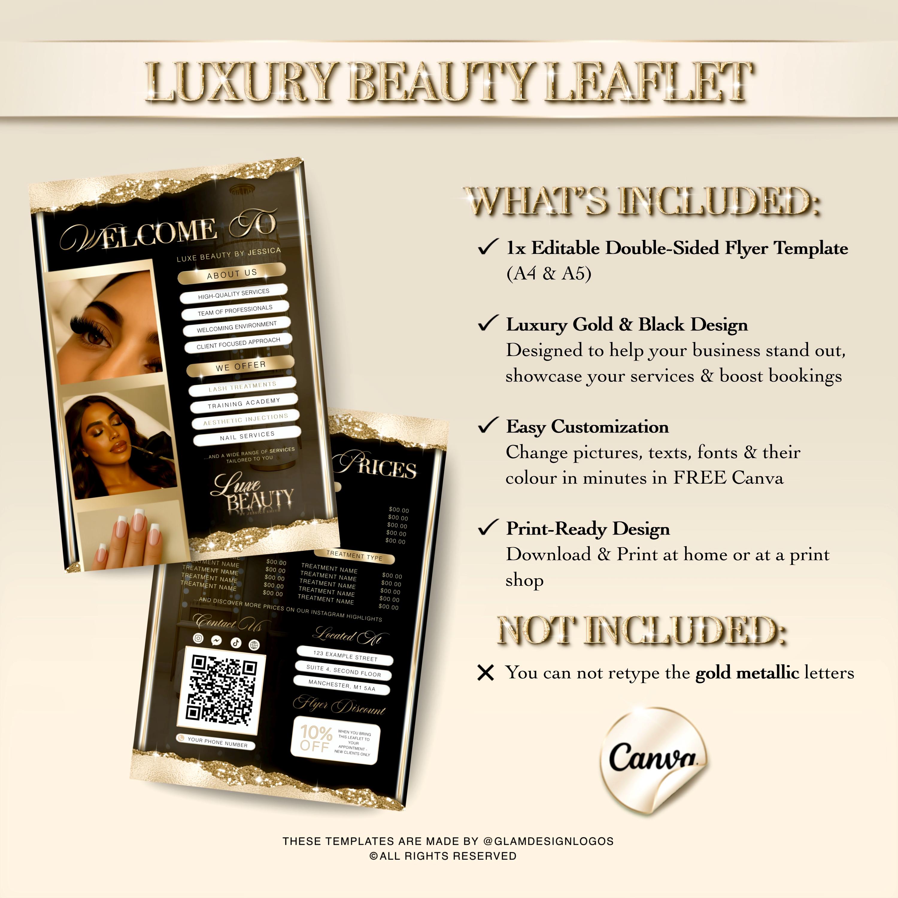 Luxury Gold & Black Beauty Leaflet Canva Template, Editable Double ...