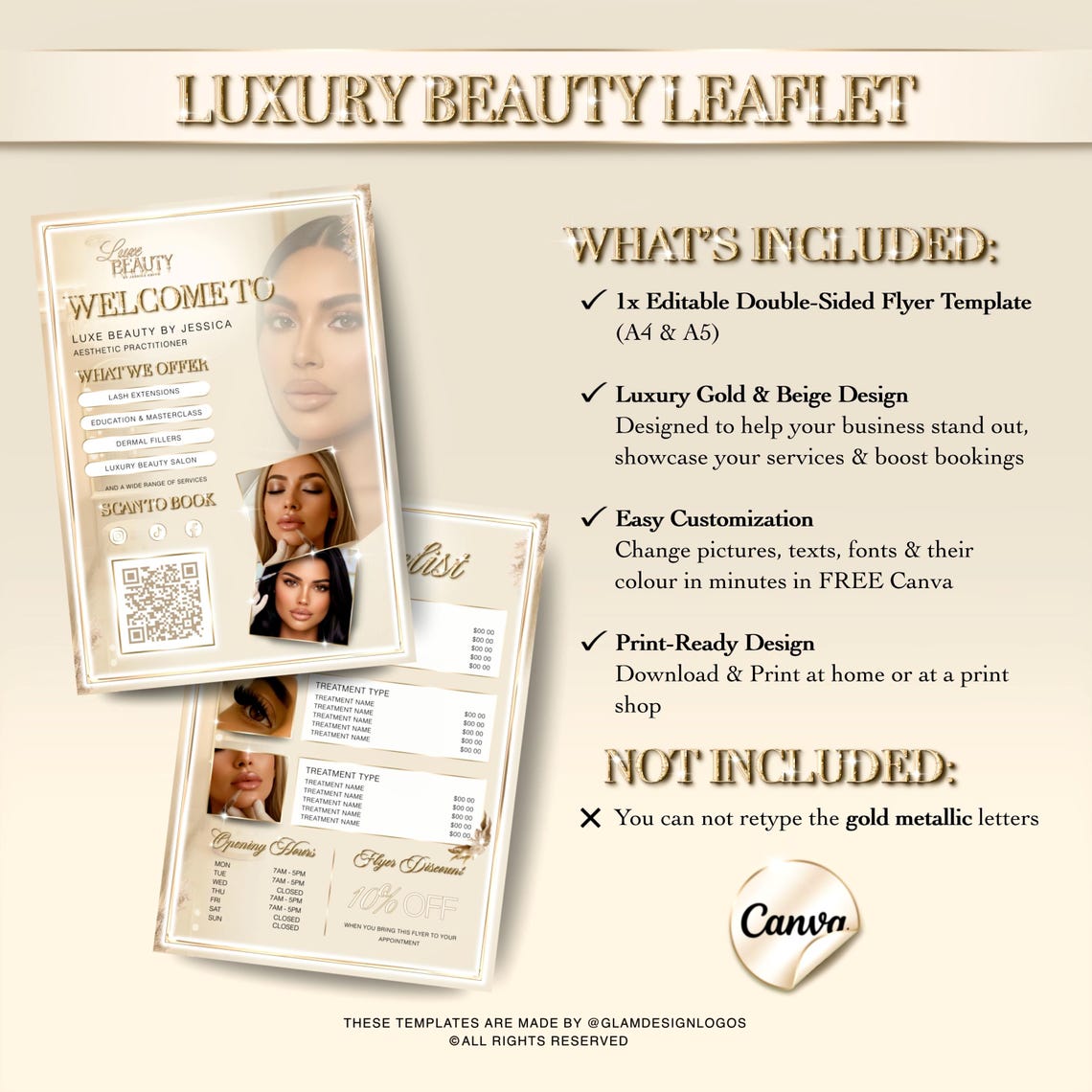 Luxury Gold & Beige Beauty Leaflet Canva Template, Editable Double ...