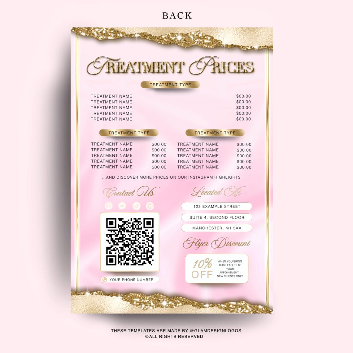 Luxury Gold & Pink Beauty Leaflet Canva Template, Editable Double-sided ...