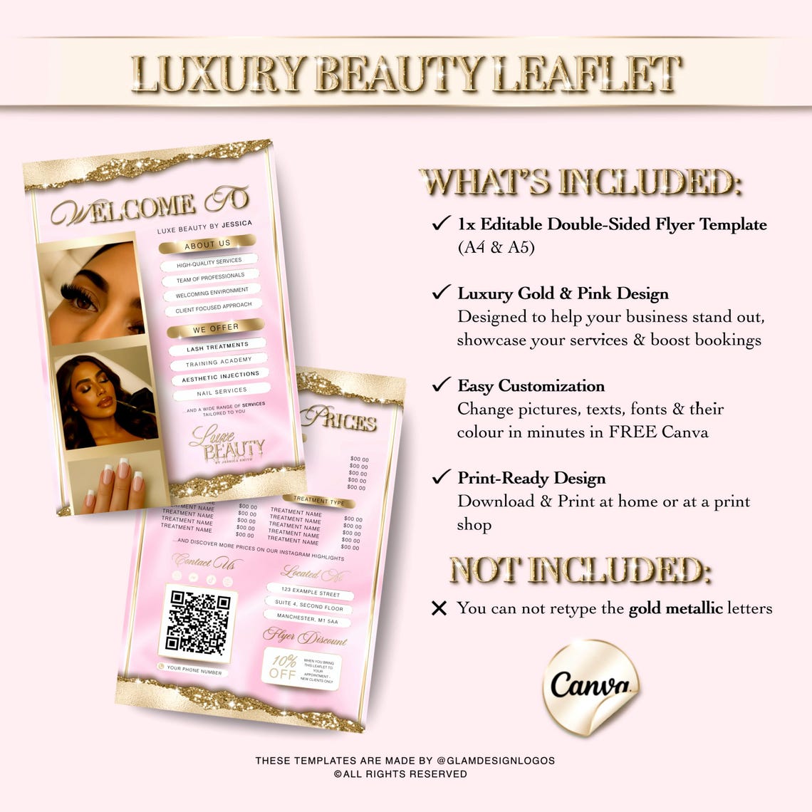 Luxury Gold & Pink Beauty Leaflet Canva Template, Editable Double-sided ...