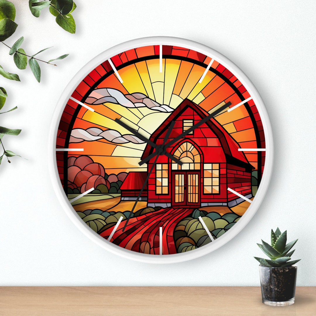 Wooden Wall Clock With Stained Glass Red Barn, Rural Home Decor ...