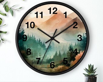 Watercolor Pine Trees and Mountains Wall Clock With Numbers, Foggy ...